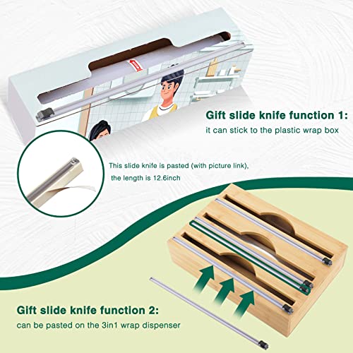 3 in 1 Wrap Dispenser with Cutter and Labels,Foil and Plastic Wrap Organizer for Kitchen, Storage Organizer for Aluminum Foil and Wax Paper,Wall Mount Bamboo Roll Organizer Holder,Send Slide Knife