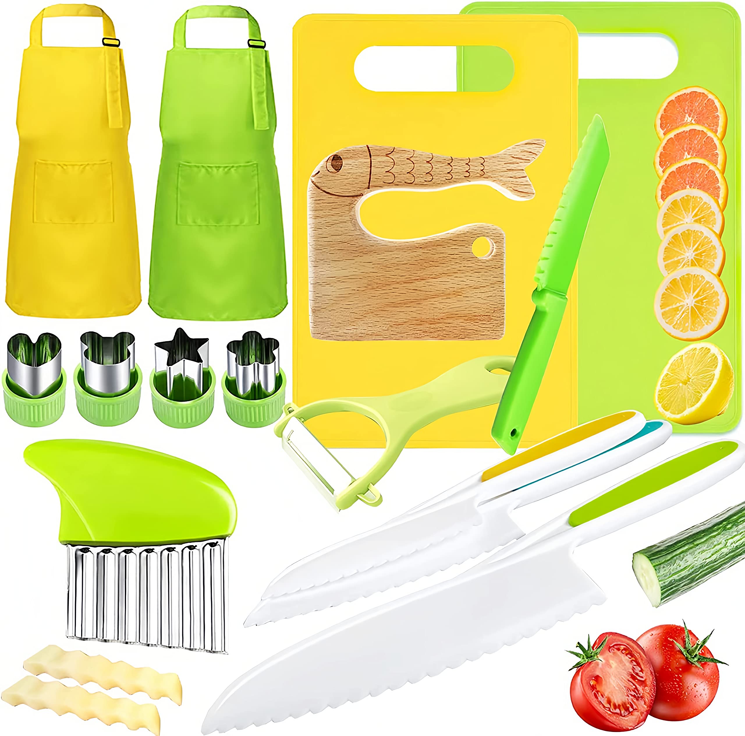 15 PCS Montessori Kitchen Tools for Toddlers Kids Cooking Sets, Apron, Serrated Toddler Knife, Crinkle Cutter, Sandwich Cutter, Wooden Fruit Knife, Y Peeler, Cutting Board for Cooking Kid Safe Knives