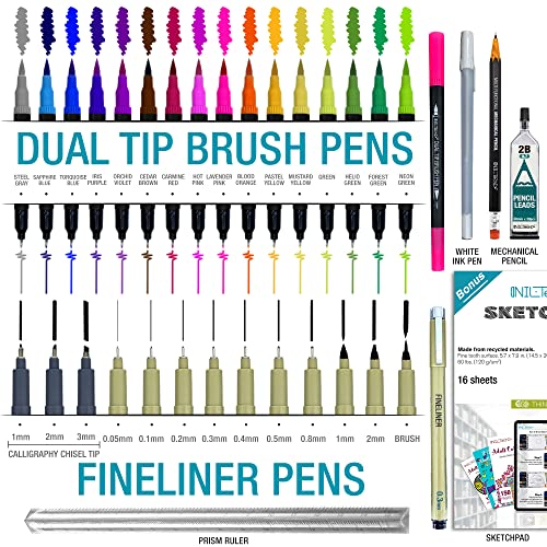 All-in-One Artist Drawing Pens Set -16 Dual Tip Brush Pens, 3 Calligraphy Pens, 10 Drawing Pens, Ruler, White Ink Pen, Mechanical Pencil, Sketch Pad Perfect for Coloring Journaling Planner Projects