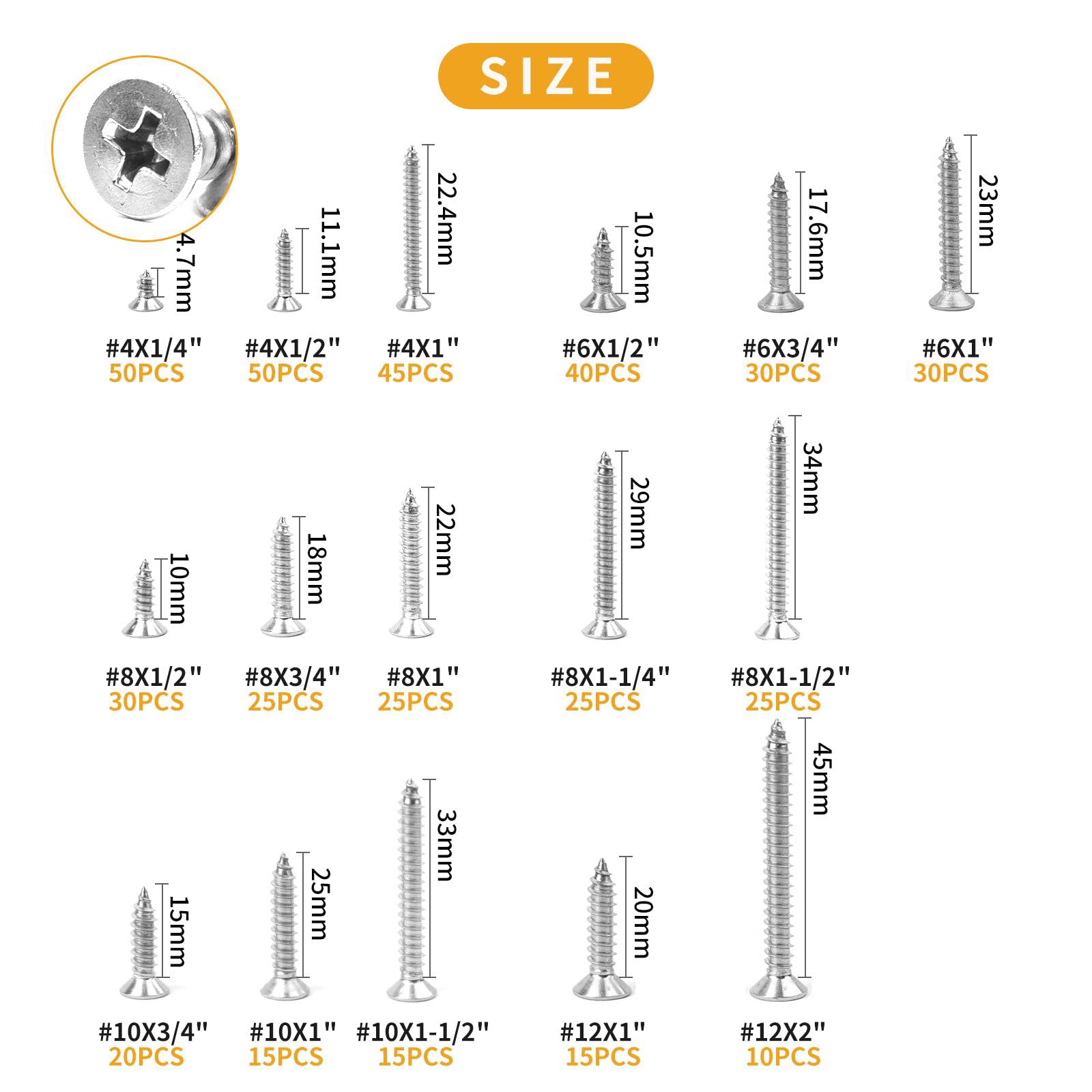 VIGRUE 450Pcs Stainless Steel Wood Screws Set #4#6#8#10#12 Phillips Flat Head Sheet Metal Screw Self Tapping Screws Assortment Kit, Length 1/4" to 2"