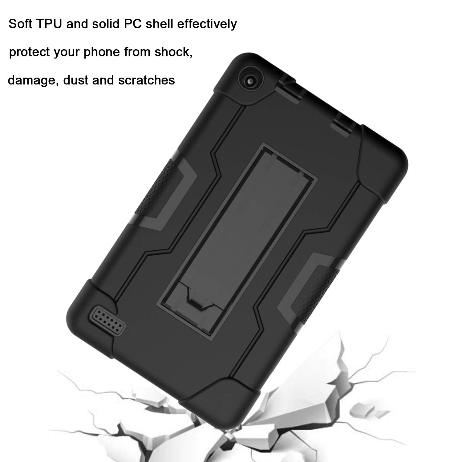 For All-New Fire 7 2019/2017 (9th Gen, 7th Gen) Case,Cherrry Heavy-Duty Rugged Kickstand Series - Shockproof Hybrid Three Layer Armor Kids Case Cover For Amazon All-New Fire 7 2019 (Black/Black)