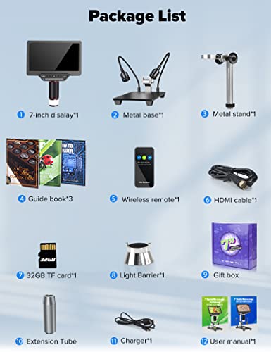 7-inch HDMI LCD Digital Microscope with Extension Tube and Guidebooks, (1200X 16MP 1080P), Microscope with Screen for Soldering & Coin Collection Included 32GB Card, Compatible with TV/Windows/Mac