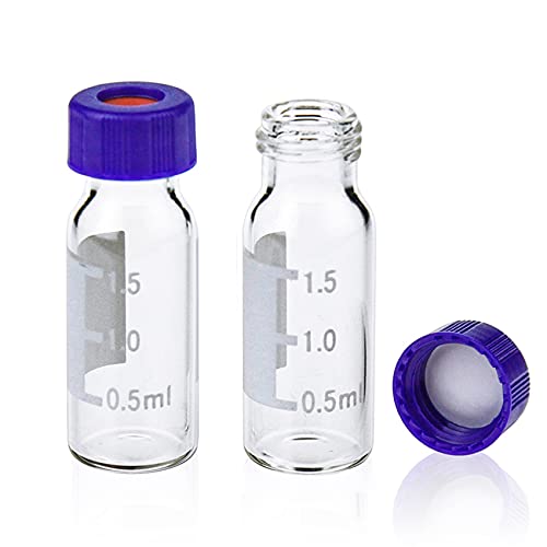 PEKYBIO 2 ml Autosampler Vial, 9-425 HPLC Vial with Writing Area and Graduation, Clear Sample Vial and 9mm Blue Screw Cap with Hole, White PTFE&Red Silicone Septa, 100 of Pack