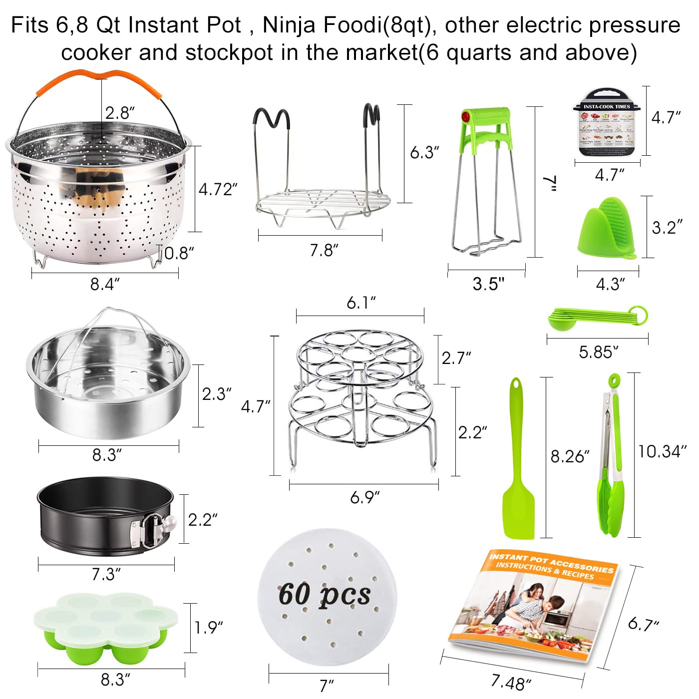 20Pcs Accessories for Instant Pot 6 qt 8qt, Ninja Foodi 8qt - 60 Pcs Parchment Papers, 2 Steamer Baskets, Springform Pan,Stackable Egg Steamer Rack, Instruction & Recipes Book