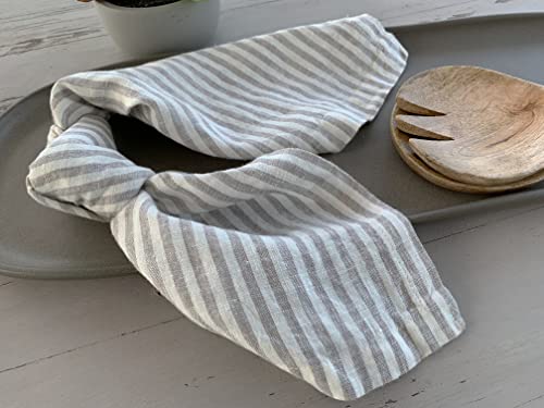 Linen Napkins β 100% French Flax β Stonewashed Pure Linen Cloth Napkins β Mitered Corners β Set of 4 (Gray/White Stripe)