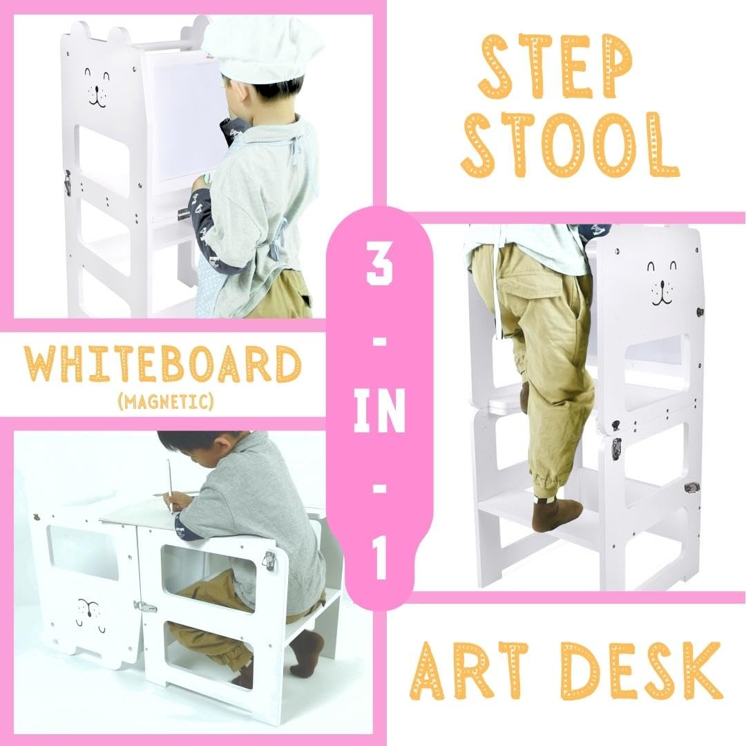 4-in-1 [Fun Ninja] Toddler Kitchen Step Stool for Children and Toddlers, Whiteboard & Art Desk, Safety Rail Tower for Kids, Parent Assistant Stepping Stool (White, Bundle)
