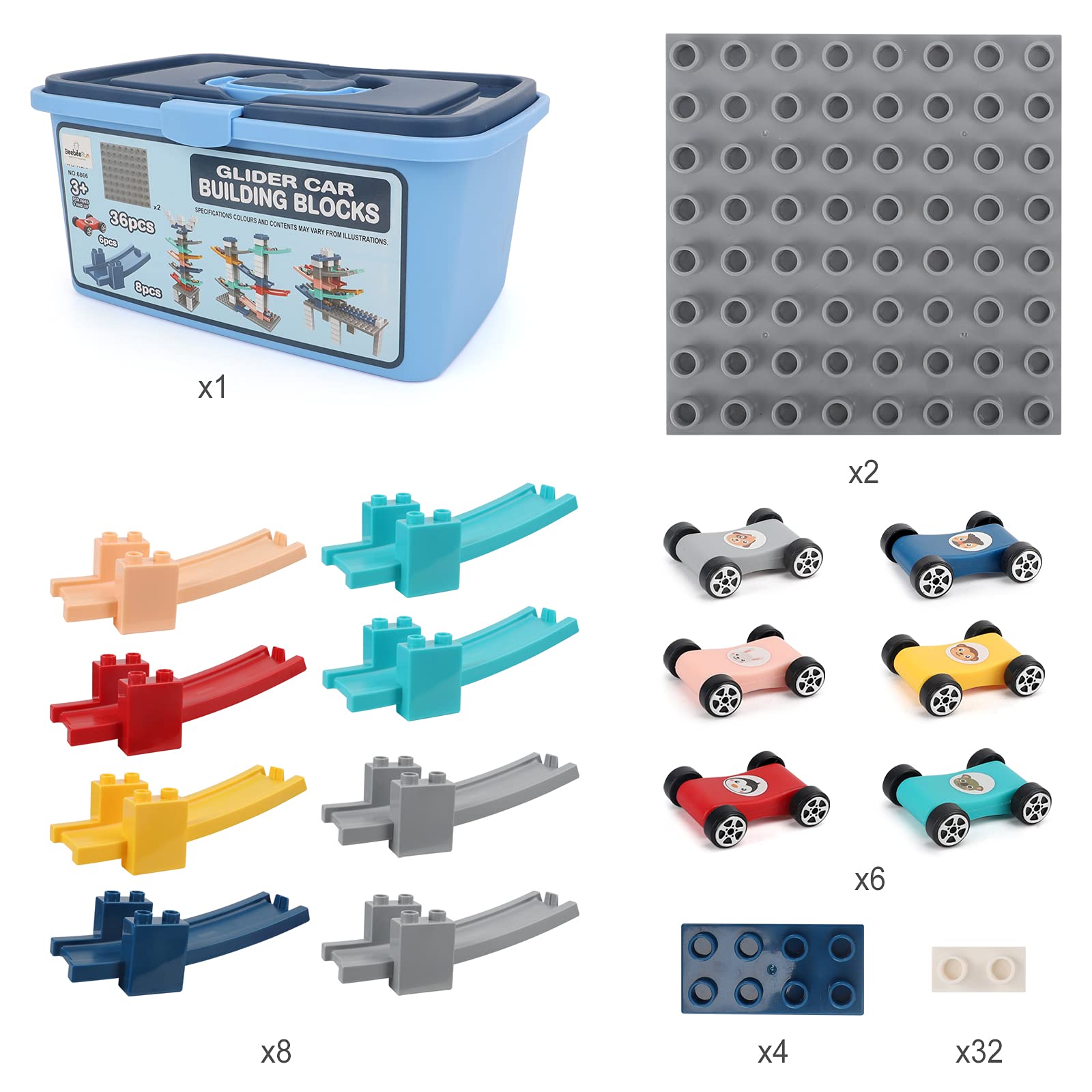 Aomola Car Ramp Toy with Classic Big Building Blocks,Creative DIY Building Bricks Compatible with All Major Brands,Car Ramp Racer for Toddlers with 6 Mini Cars,Storage Box & Base Plate