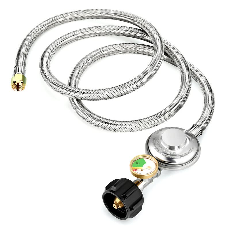 5 FT Propane Hose with Regulator - Gas Grill Regulator and Hose with Gauge - Propane Hose for Gas Grill, Gas Stove, FIRE Pit, Gas Griddle, Propane Stove - LP Hose