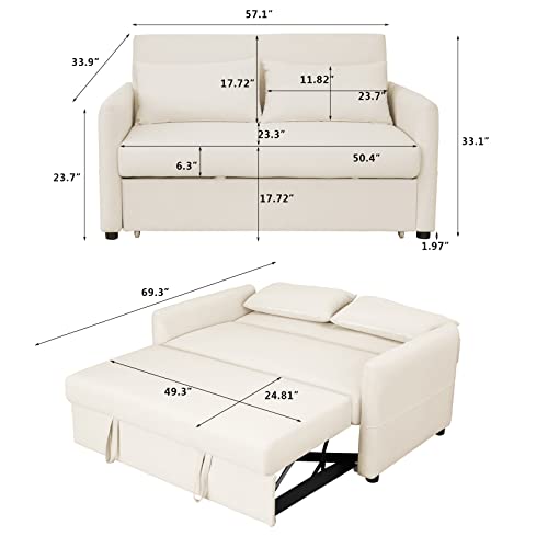 Aoowow Convertible Sleeper Sofa Bed 57 Inches, Velvet 2 Seats Sofa with Pull Out Bed,Loveseat Sofa Couch with Adjustable Backrest, 2 Pillows Side Pocket for Living Room Small Apartment (Beige)