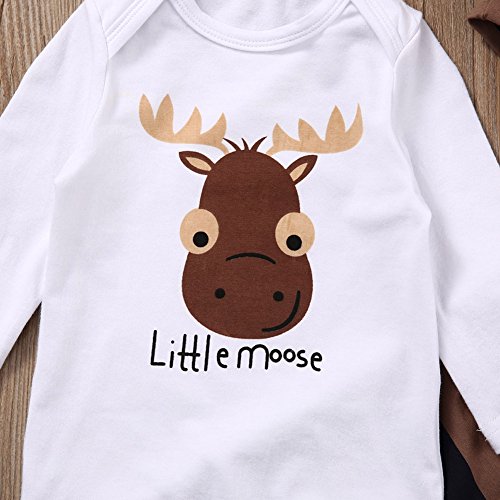 Autumn Winter Newborn Baby Boys Girls Tops Moose Romper Pants Hat Outfits Set Cute Clothes 3Pcs (0-6 Months, White+Brown)