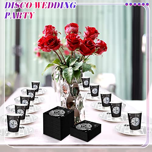 70s Disco Party Supplies Includes 50 Pcs Silver Disco Ball Paper Dinner Plates 50 Pcs Disco Paper Cups 50 Pcs Disco Party Cocktail Napkins for Disco Wedding Party Picnic Travel (Black and Silver)