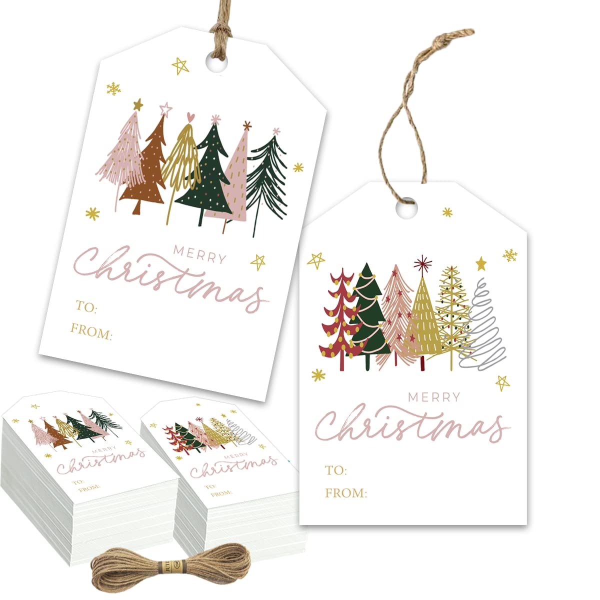50Pcs Christmas Gift Tags with Hemp Rope Christmas Paper Gift Tags Holiday Hang Name Tags Label Watercolor Plants Wishes Labels Xmas Gift Favor Tags for Xmas Party Decor (50, Rectangular)
