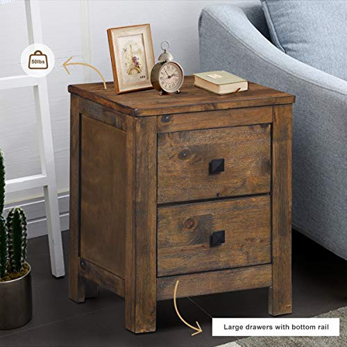 Giantex Nightstand with 2 Sliding Drawers, Full Assembled Rustic Multipurpose Storage Beside Table for Bedroom, Wooden Storage Cabinet End Table (2, Coffee)