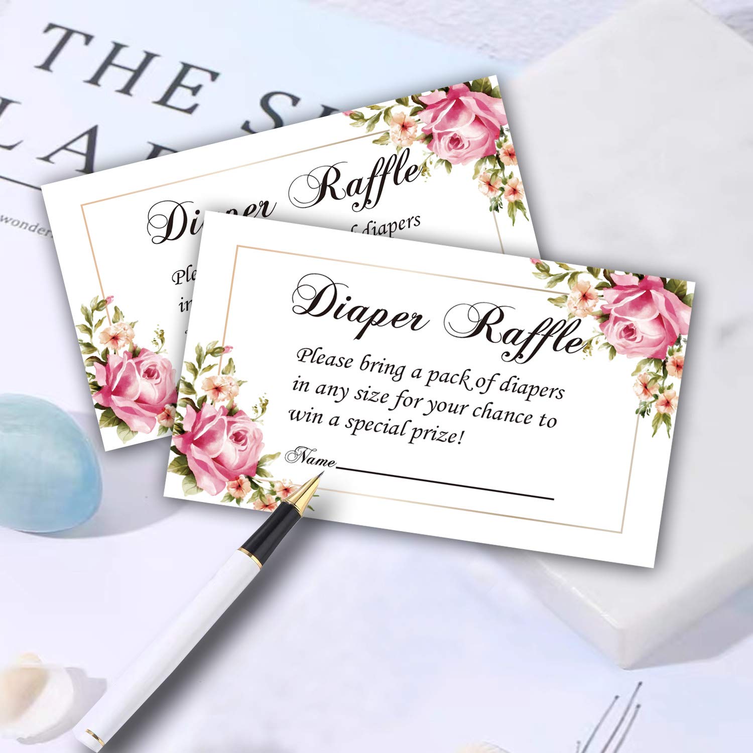 Diaper Raffle Tickets for Baby Shower (50 Count) 3.5" x 2" with Name Line, Pink Flower Design