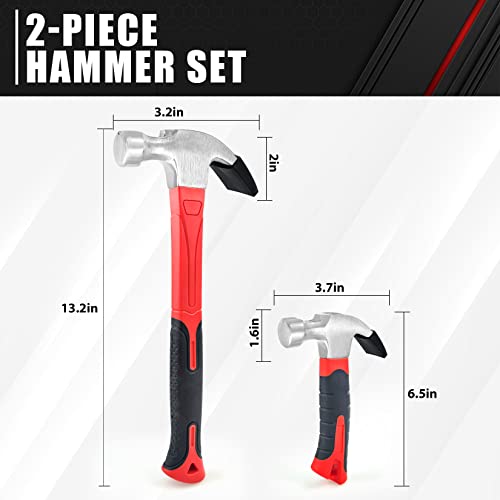 C&T 2 Piece Hammer Set,8oz Stubby Claw Hammer With Magnetic Nail Starter & 16oz Fiberglass General Purpose Claw Hammer & 560pcs Hardware Nail Assortment Kit, Soft Nonslip Handle & Heat Treated Head
