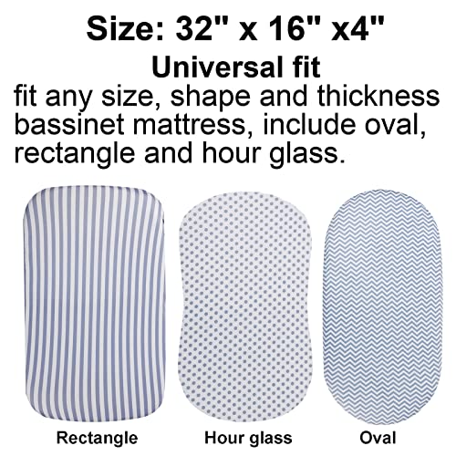 Bassinet Sheets 4 Pack for Baby Unisex, Stretchy Jersey Knitted Fitted Sheet Universal for Oval Rectangle and Hourglass Bassinet Mattress, White and Grey, Neutral for Baby Boy and Girl