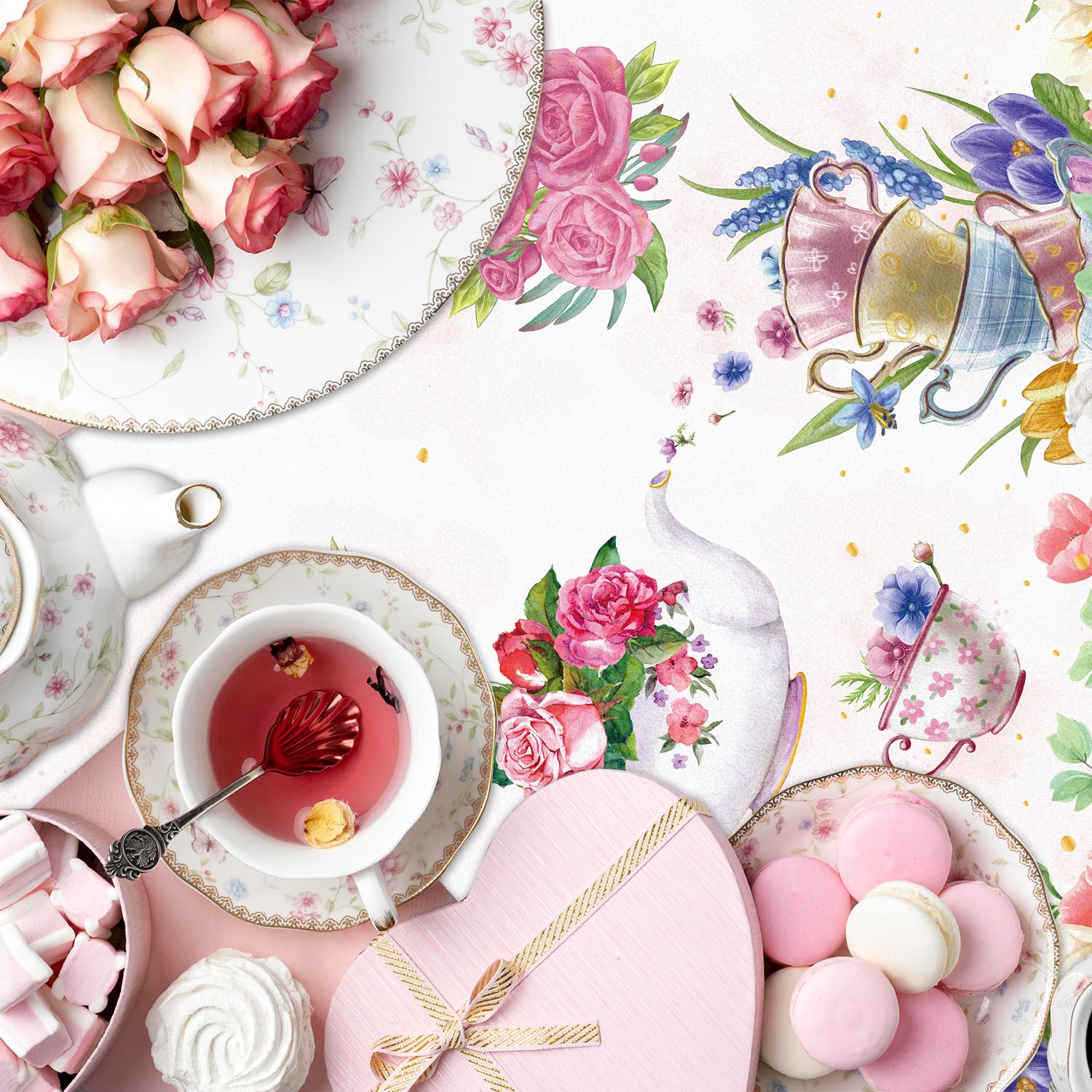 4 Pack Tea Party Decoration Floral Tea Party Tablecloth Tea Party Birthday Supplies 86β x 51β Rectangle Plastic Spring Disposable Floral tea party Table Cover Baby Shower Floral Birthday Decorations