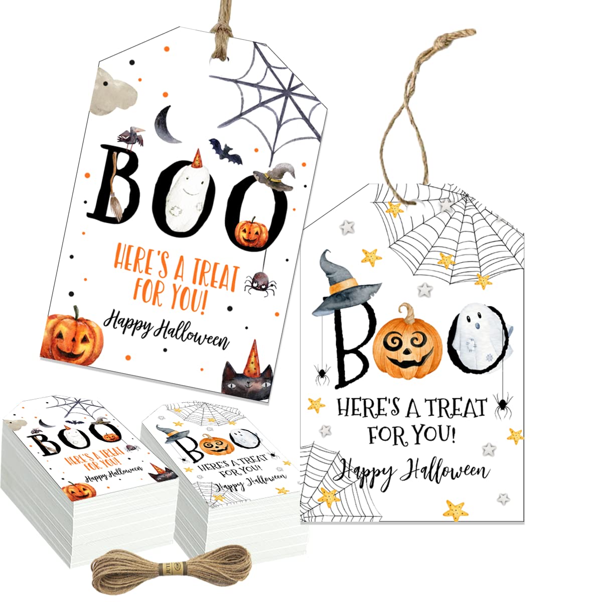 50Pcs Halloween Tags with String Halloween Trick or Treat Spooky Goodie Candy Ghost Tag Happy Boo Day Hanging Gift Label Cute Cartoon Name Cards Gift Wrapping for Halloween Party (Halloween)