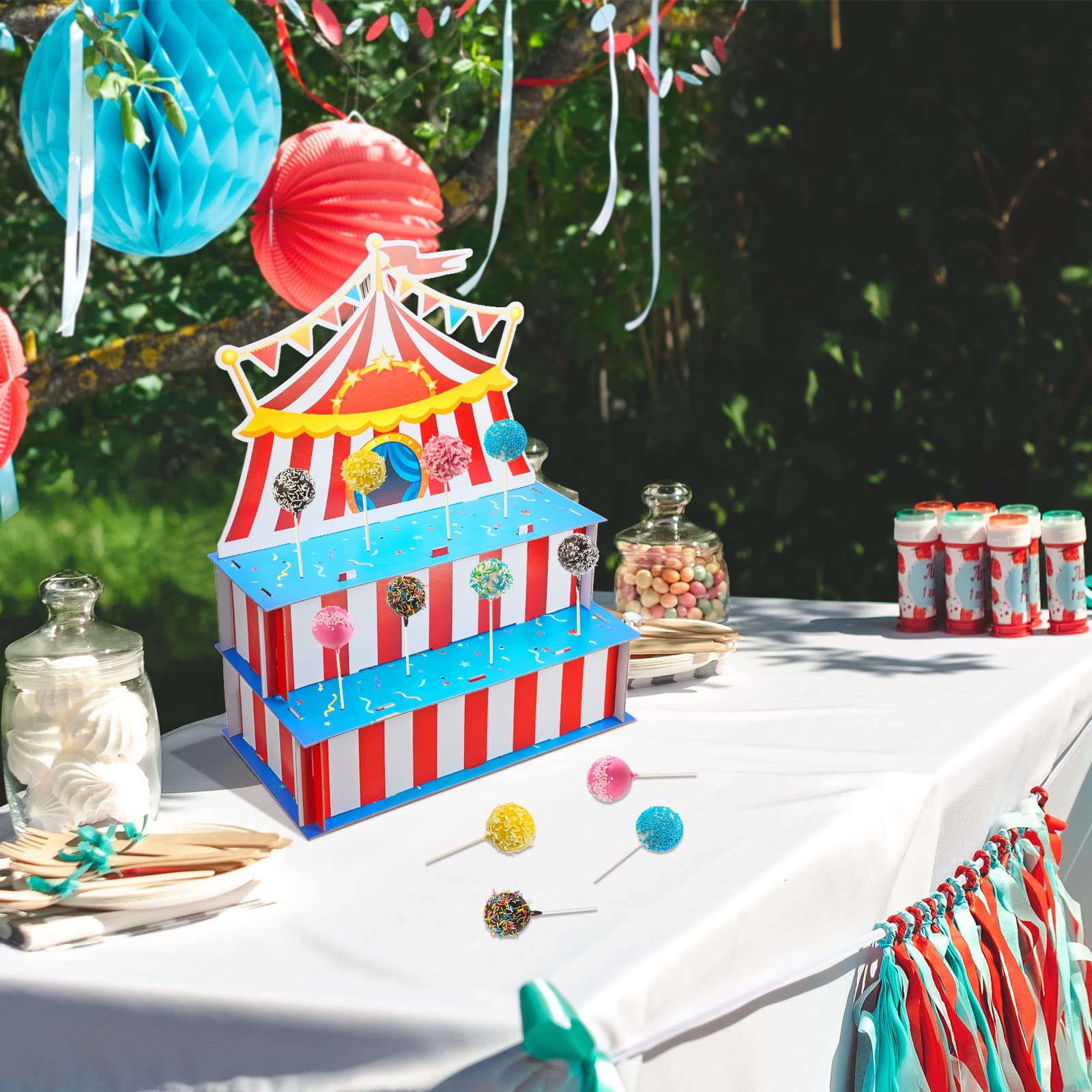 2 Pack Circus Tent Shaped Lollipop Stand 2 Tier Circus Lollipop Candy Stand 48 Suckers Dessert Table Display Set Carnival Theme Tent Design for Circus Birthday Party Favor Decoration Supplies