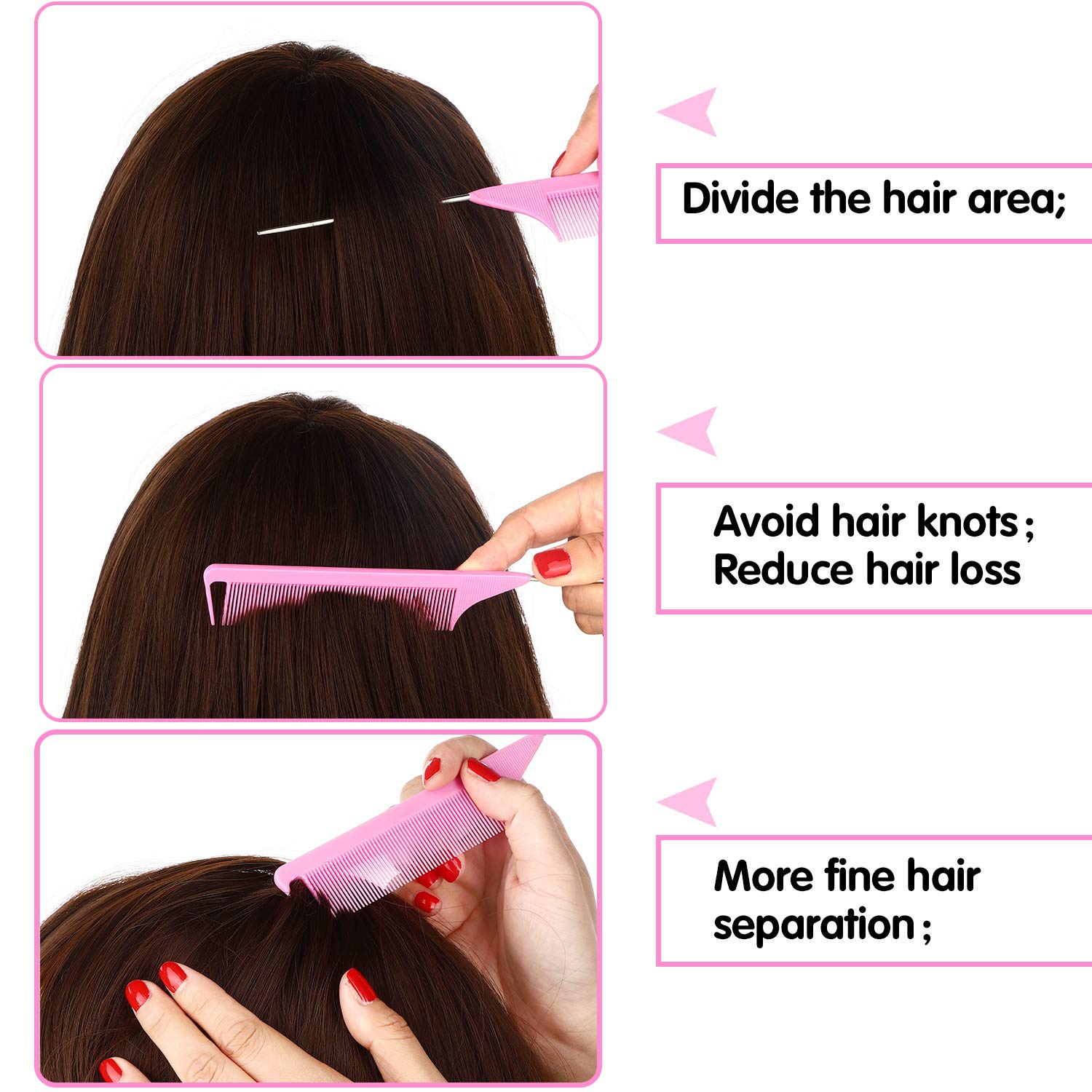 Patelai 12 Pcs Stainless Steel Pintail Combs for Hair Styling, Teasing, Braiding, Pressing, Hairdressing Salon and Home (Pink, Black)