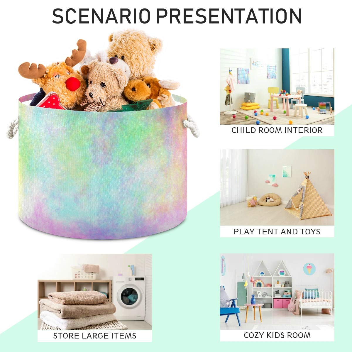 ALAZA Large Storage Basket for Toys Purple Tie Dye Rainbow Print Round Blanket Basket Laundry Hamper Canvas Organizer Bin Box Cotton Rope Collapsible Bucket Pillow Home Decor