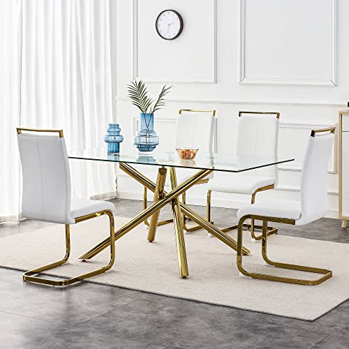 71inch Glass Dining Table for 6, Rectangle Kitchen Table with Golden Legs, Marble Texture Top Dining Table for 8, Dinner Dining Room Table for Home Kitchen Meeting Banquet