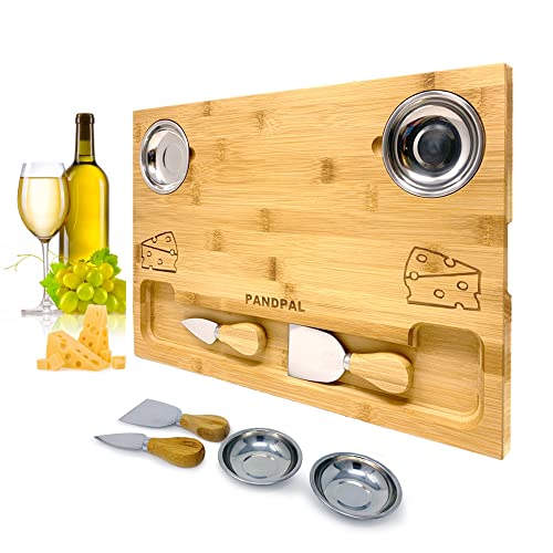 Bamboo Cheese Board Set, Charcuterie Food Serving Tray - Included Stainless Steel Knives & Bowls, Extra Large [16x11x1] Wooden Cutting Board Platter for Wine, Cracker, Brie, Meat, Dip, Chip by PandPal