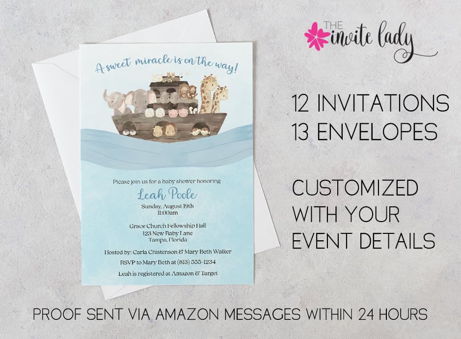 Noahs Ark Baby Shower Invitations Customizable Religious Invites Gender Neutral Boy Girl (12 Count)
