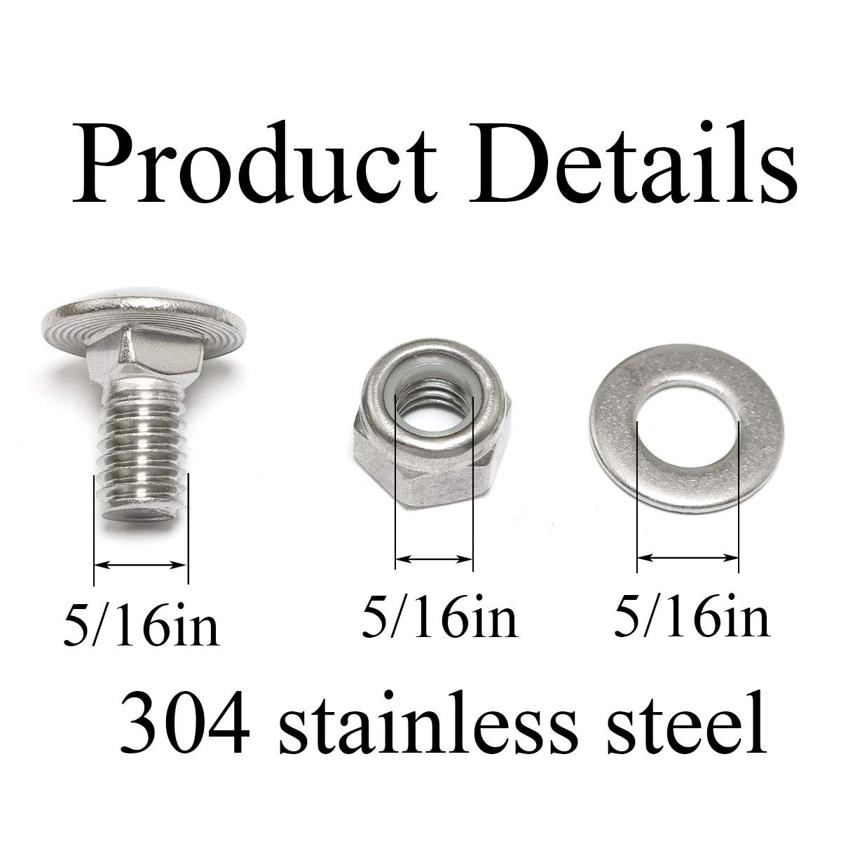 Pro Bamboo Kitchen 8 Sets Stainless Steel Carriage Bolt 5/16"-18 x 5/8 Carriage Bolts with 5/16 Nuts and Washers Self Locking Nonskid Nylon Lock Nut