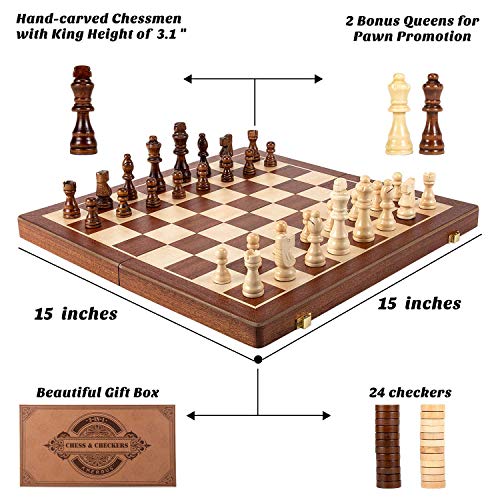 AMEROUS 15 Inches Magnetic Wooden Chess & Checkers Set (2 in 1) - Folding Board -Gift Box Packed -24 Cherkers Pieces -2 Extra Queens - Chessmen Storage Slots, Beginner Chess Set for Kids and Adults