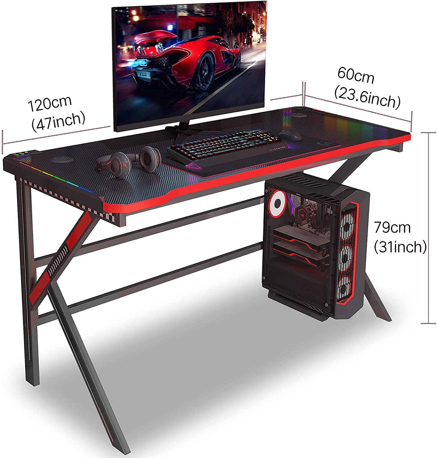 Arespark Gaming Desk with LED Lights, 47in Ergonomic Home Office Tables PC Study Desks, K-Shaped Carbon Fiber Surface Computer Desk Gamer Table Christmas Day Gamer Gift (47 Inch)