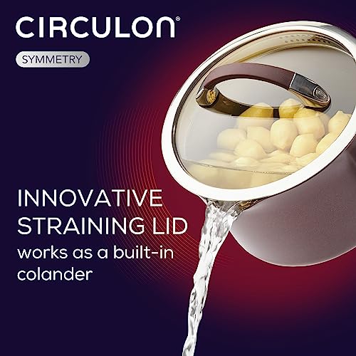 Circulon Symmetry Hard Anodized Nonstick Sauce Pan/Saucepan with Straining and Lid, 3.5 Quart, Red