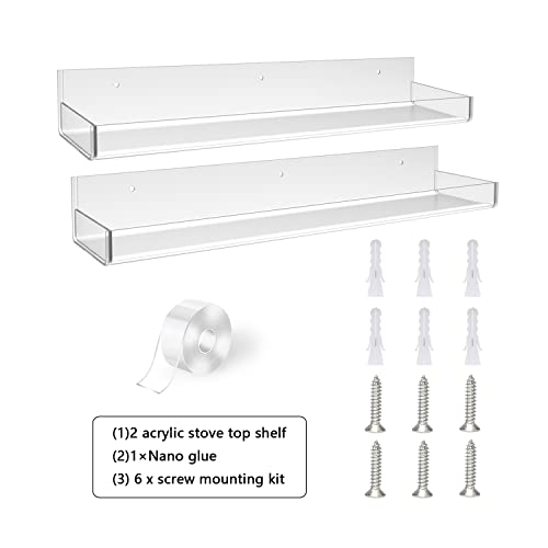 BATHHOLD Acrylic Stove Top Shelf for Kitchen Adhesive with Additional Removable Middle Divider,Non Magnetic Fit 30"