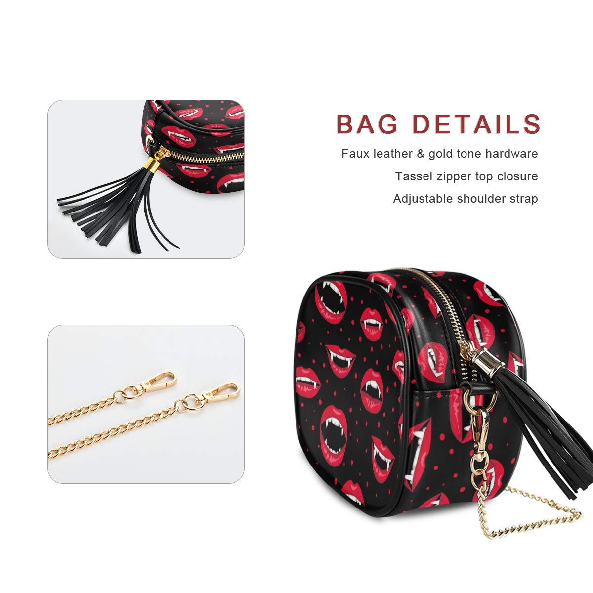 ALAZA Women's Seamless Halloween Pattern with Red Vampire Lips48 Cross Body Bag Chain Shoulder Handbag Purse with Tassel