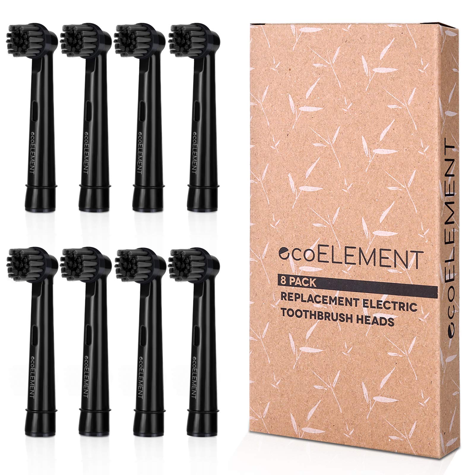 ecoELEMENT Electric Toothbrush Replacement Heads - Compatible with Oral B Black Replacement Heads for Adults Aged 16+, Pack of 8 Recyclable Charcoal Brush Heads for Oral Hygiene, Black