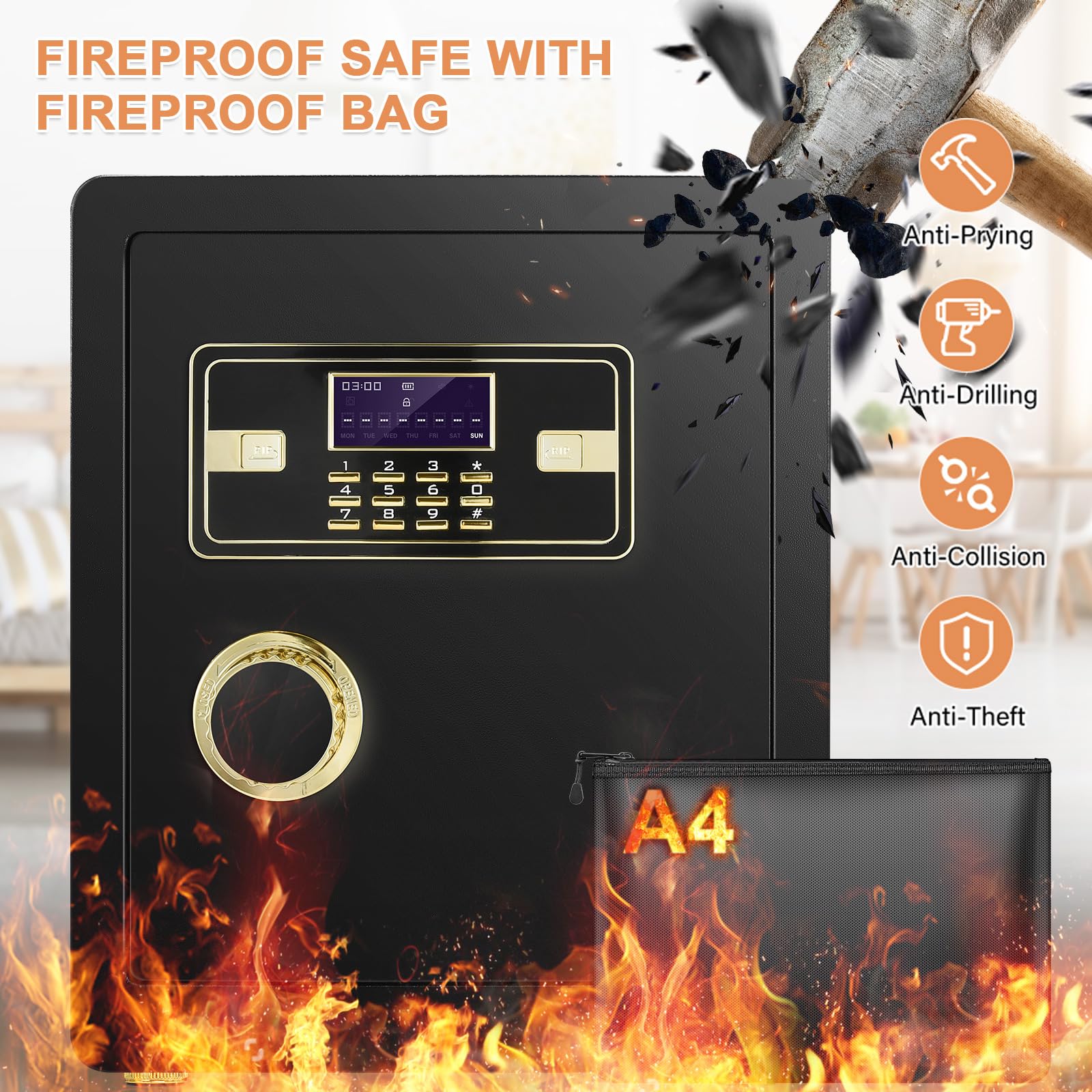 2.3 Cub Home Safe Fireproof Waterproof, Large Fireproof Safe Box with Fireproof Document Bag, Electronic Keypad and Spare Key, Digital Home Security Safe for Money Firearm Medicine Valuables