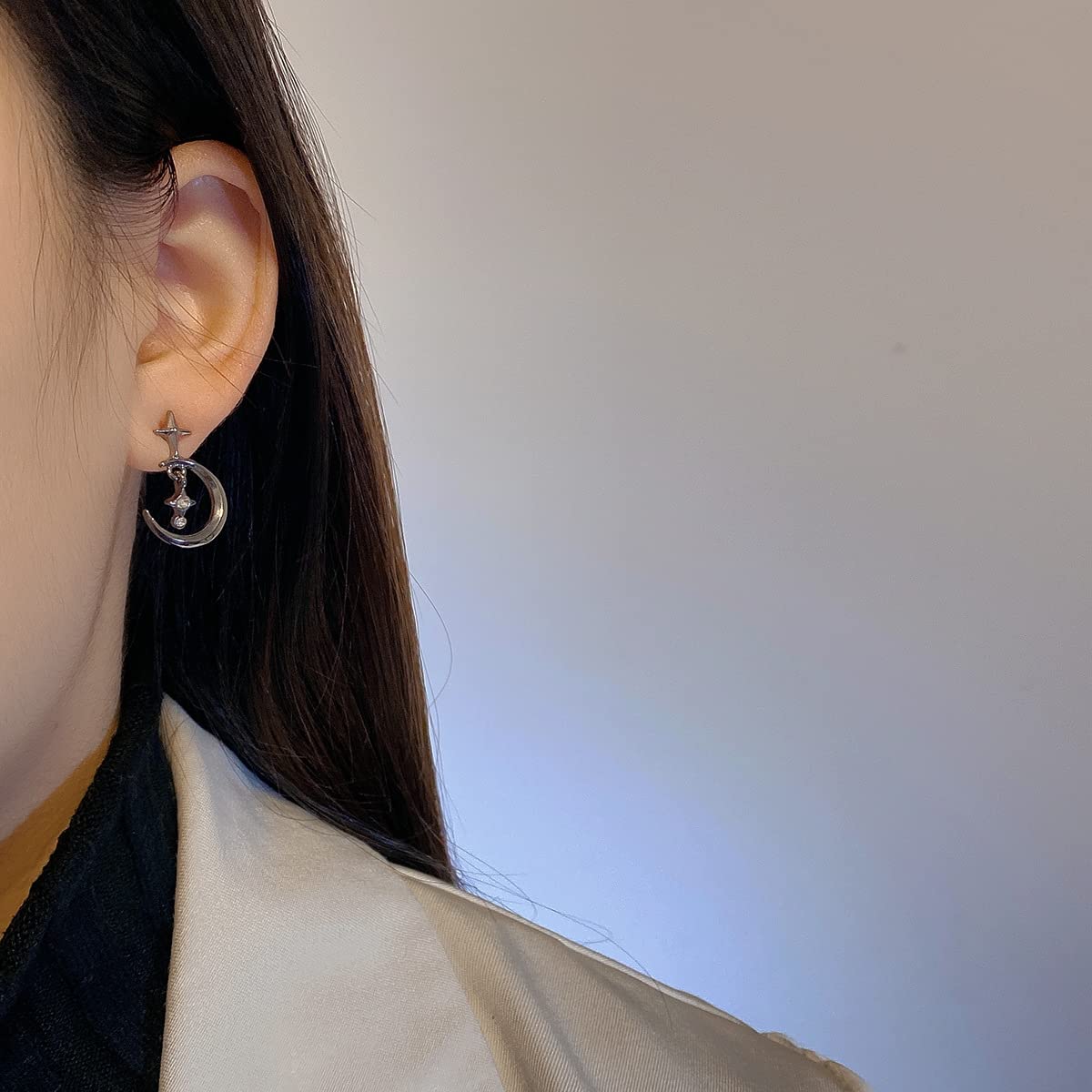 2 Pairs Moon Star Stud Earrings Punk Simple Cool Asymmetric Earrings with Rhinestone Boho Black Moon Earring for Women Girl Teens