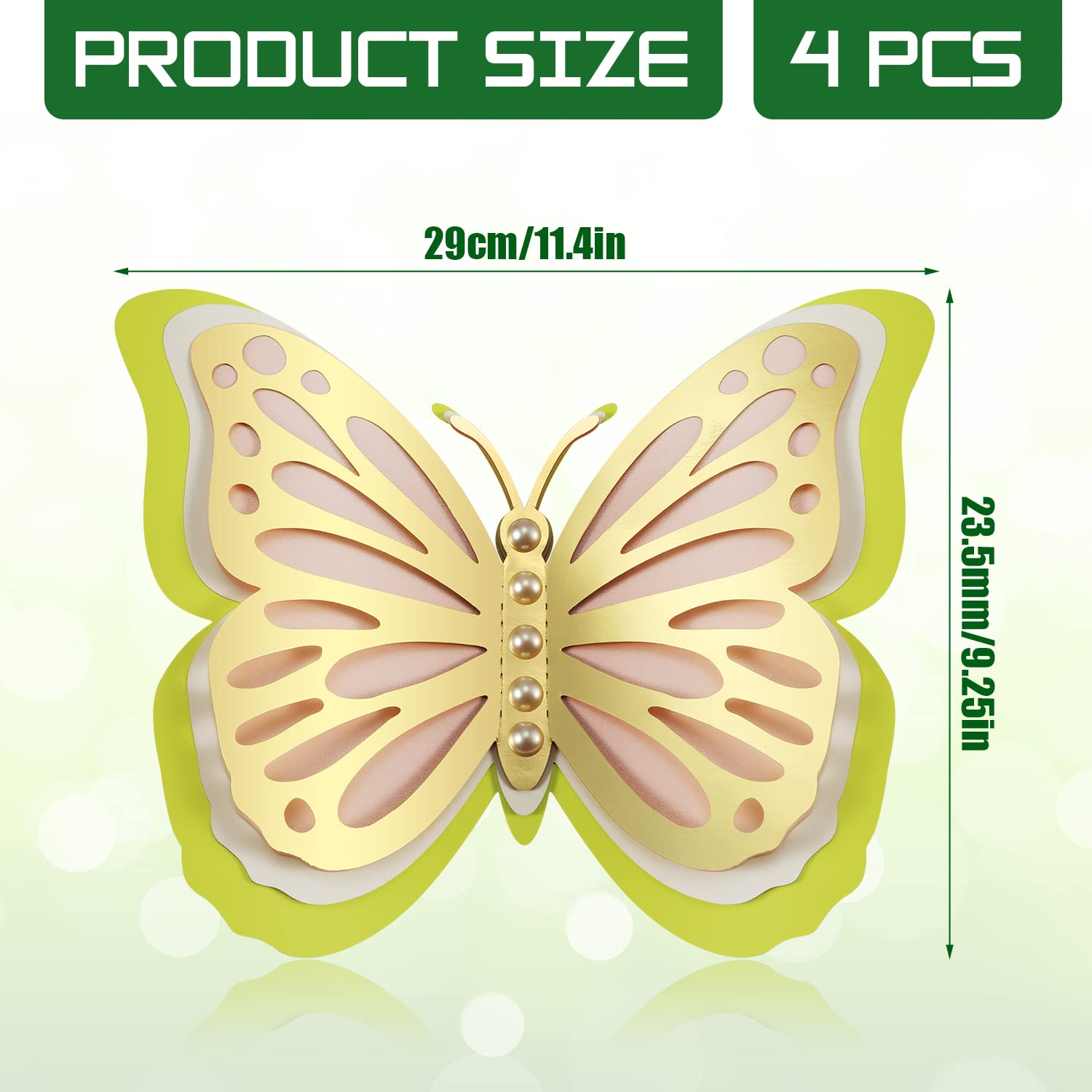 4 PCS 3D Large Butterfly Wall Decor, 12" 4 Layer 3D Butterfly Stickers Set with Artificial Pearls for Birthday Background Girls Bedroom Wedding Party Decorations (Golden)