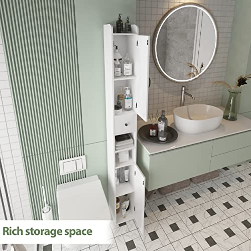 Bathroom Cabinet with Adjustable Shelf, Storage Cabinet for Small Space, Tall Bathroom Storage Cabinet with Retractable Toilet Paper Rod, Narrow Cabinet with 2 Doors, 8 Storage Compartments (White)