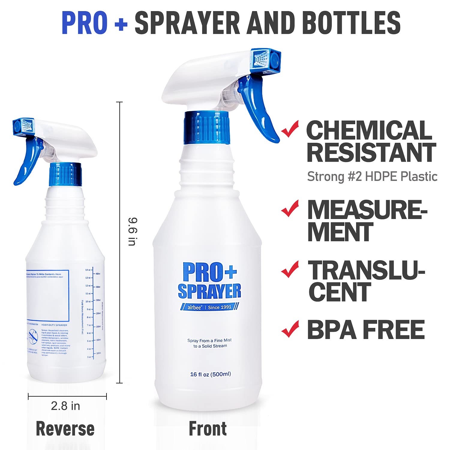 airbee Plastic Spray Bottles 4 Pack 16 Oz for Cleaning Solutions, Planting, Pet, Bleach Spray, Vinegar, Professional Empty Spraying Bottle, Mist Water Sprayer with Adjustable Nozzle & Measurements