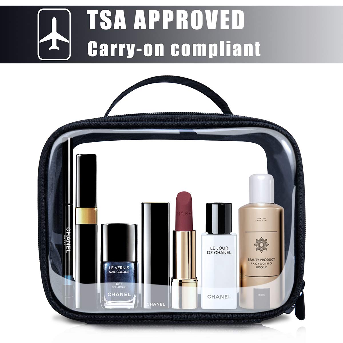 ANRUI TSA Approved Toiletry Bag With Handle Strap, Clear Travel Liquids Toiletries & Cosmetics Organizer Carry-On Luggage for Women and Men Black 3 Pack (Same Size)