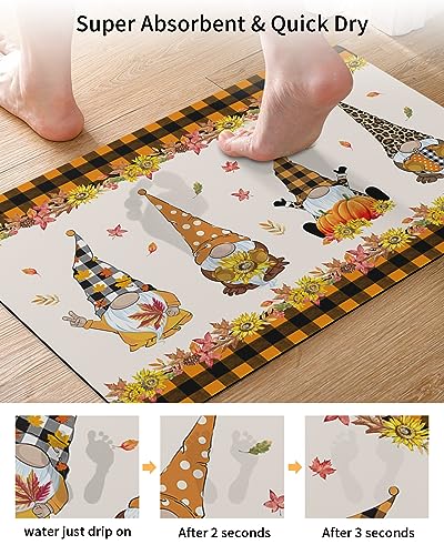 Bathroom Floor Shower Mat, Non-Slip Small Rugs - Easy to Clean, Happy Thanksgiving Day Dwarf Gnome with Pumpkin Sunflower Durable Bath Rug 18"x30" Washable Quick Dry Mats for Bathtubs