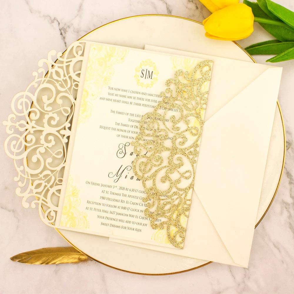 50Sets 5x7 inch 250gsm Light Gold Glitter Wedding Invitations Cards with Envelopes Laser Cut Greeting invites 4 Birthday Bridal Show