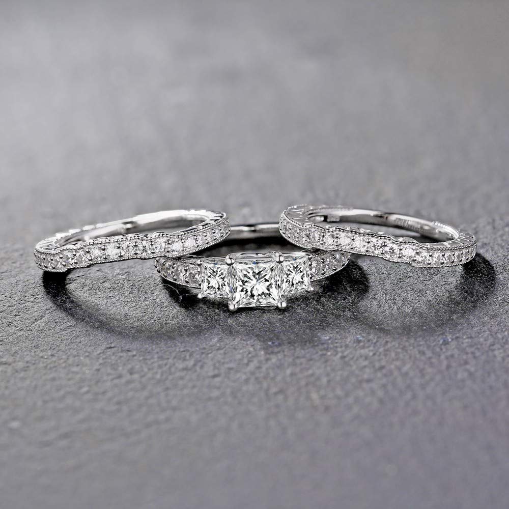 2.8 Ctw Moissanite Princess Cut Wedding Ring Set for Women Platinum Plated Silver 3 Pieces 3 Stone Bridal Ring Set Engagement Ring Set White Gold Bridal Set Anniversary Promise Rings for Her(size 7)