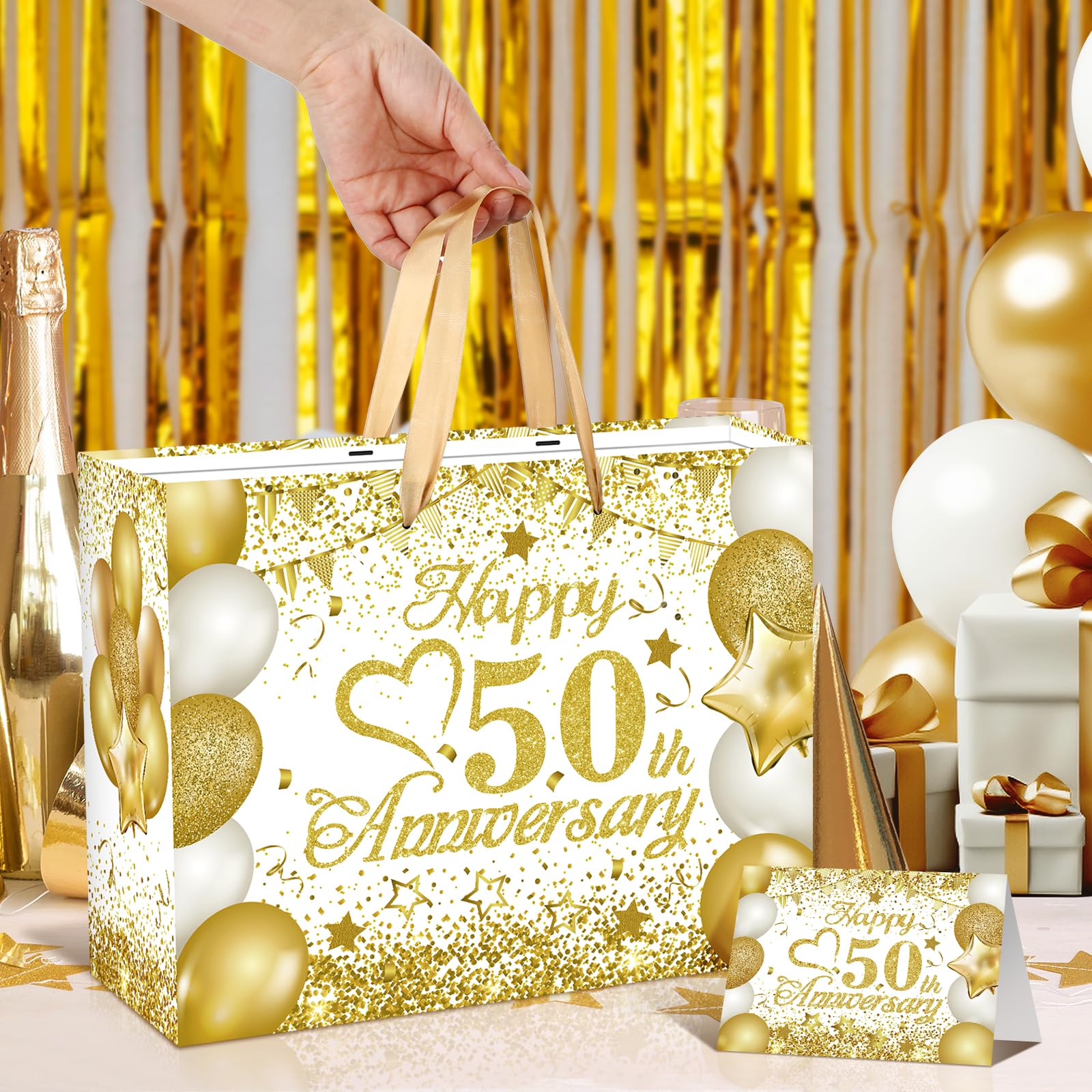 50th Anniversary Paper Gift Bag, White Gold 50th Anniversary Party Gift Bag with Tissue Papers Card 50th Wedding Anniversary Paper Gift Wrapping Bag 50th Golden Wedding Anniversary Christmas Decor
