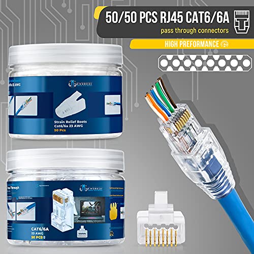 Everest Media Solutions RJ45 Cat6/6a Pass Through Connectors for a Thick 23 AWG Large Diameter UTP Cable & Strain Relief Boots Pack of 50/50 | EZ Modular Plug for Solid or Stranded UTP Network Cable