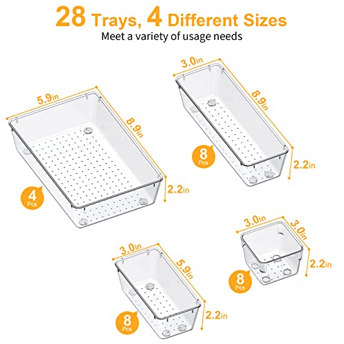 SMARTAKE 28-Piece Drawer Organizers with Non-Slip Silicone Pads, 4-Size Desk Drawer Organizer Trays Storage Tray for Makeup, Jewelries, Utensils in Bedroom Dresser, Office and Kitchen, Clear