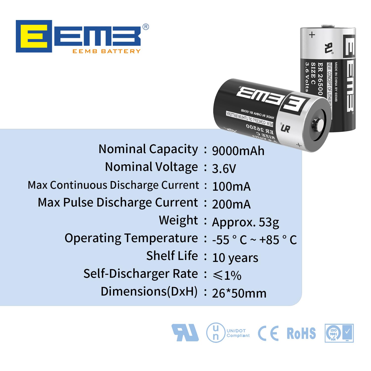 EEMB 2Pack ER26500 C Size 3.6V Lithium Battery High Capacity Li-SOCL₂ Non-Rechargeable Battery LS26500 SB-C01 TL-2200 for Automobile tire Pressure Monitor,Smart Card,Electricity Meter,Wireless Tools