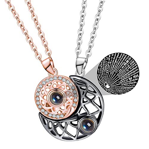 4Pcs I Love You Necklace 100 Languages for Him and Her Projection Magnetic Necklace Matching Necklaces for Couples Best Friends Friendship Gift Jewelry (rose gold sun and black moon)
