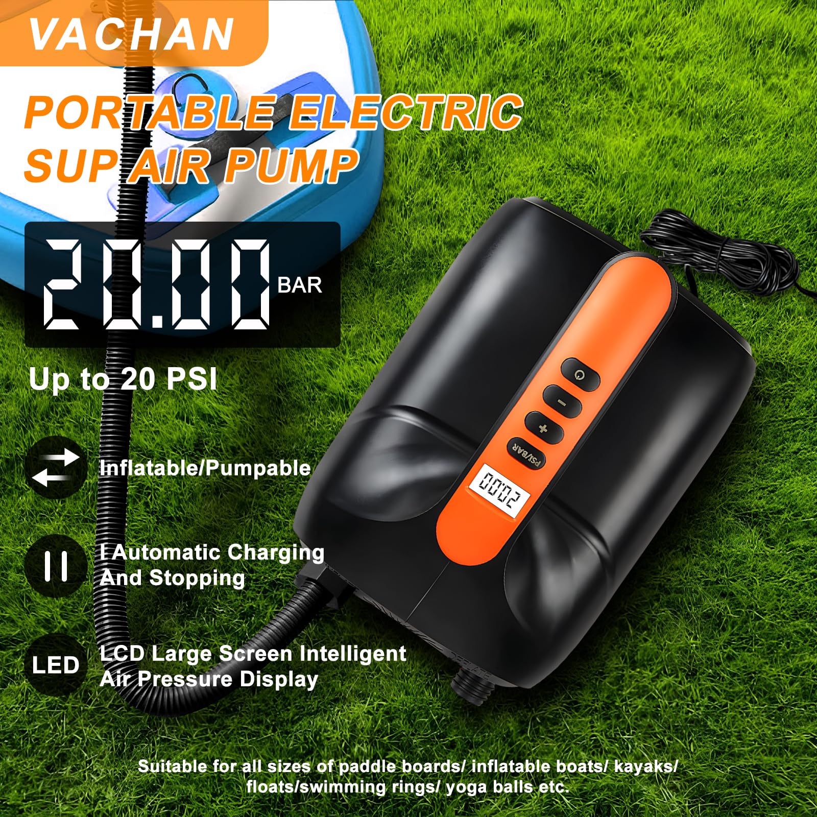 20PSI Electric SUP Paddle Board Pump, High-Pressure Auto-Off Air Pump for Inflatables, Deflation,12V DC Car Connector Air Compressor for Inflatable Stand Up Paddle Boards, Boats, Kayaks（ Blue）